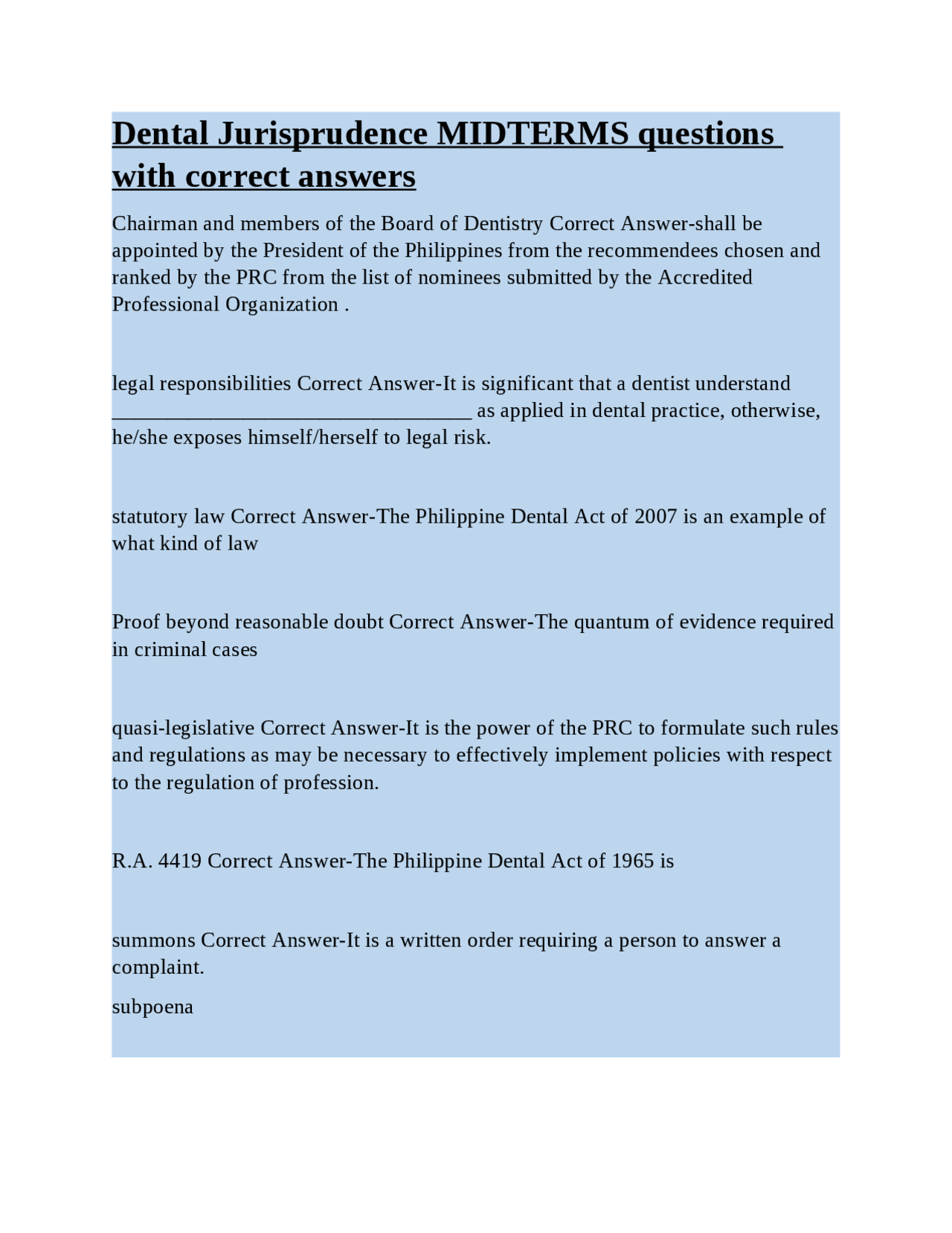 Dental Jurisprudence MIDTERMS questions with correct answers | Exams ...