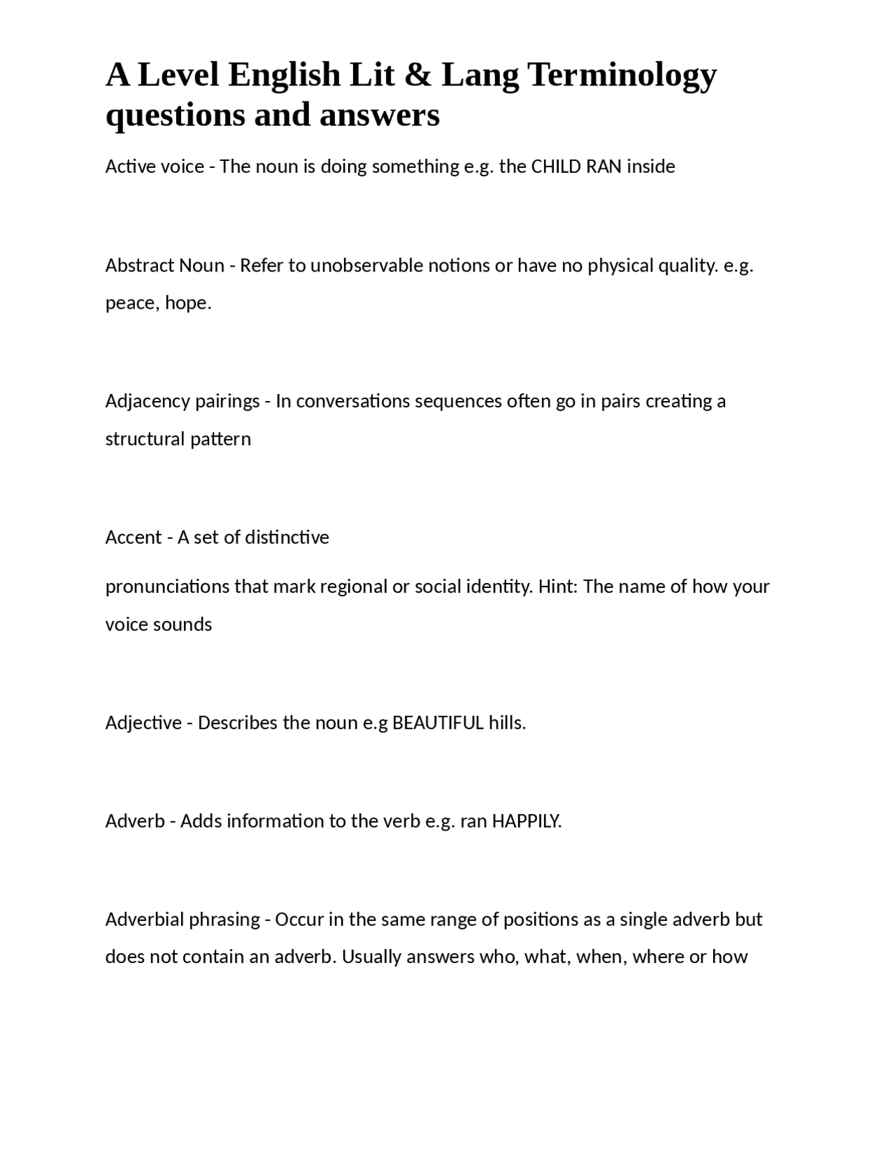 A Level English Lit & Lang Terminology questions and answers | Exams ...