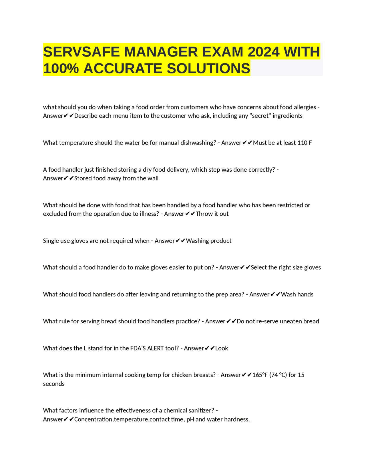 SERVSAFE MANAGER EXAM 2024 WITH 100% ACCURATE SOLUTIONS | Exams Nursing ...