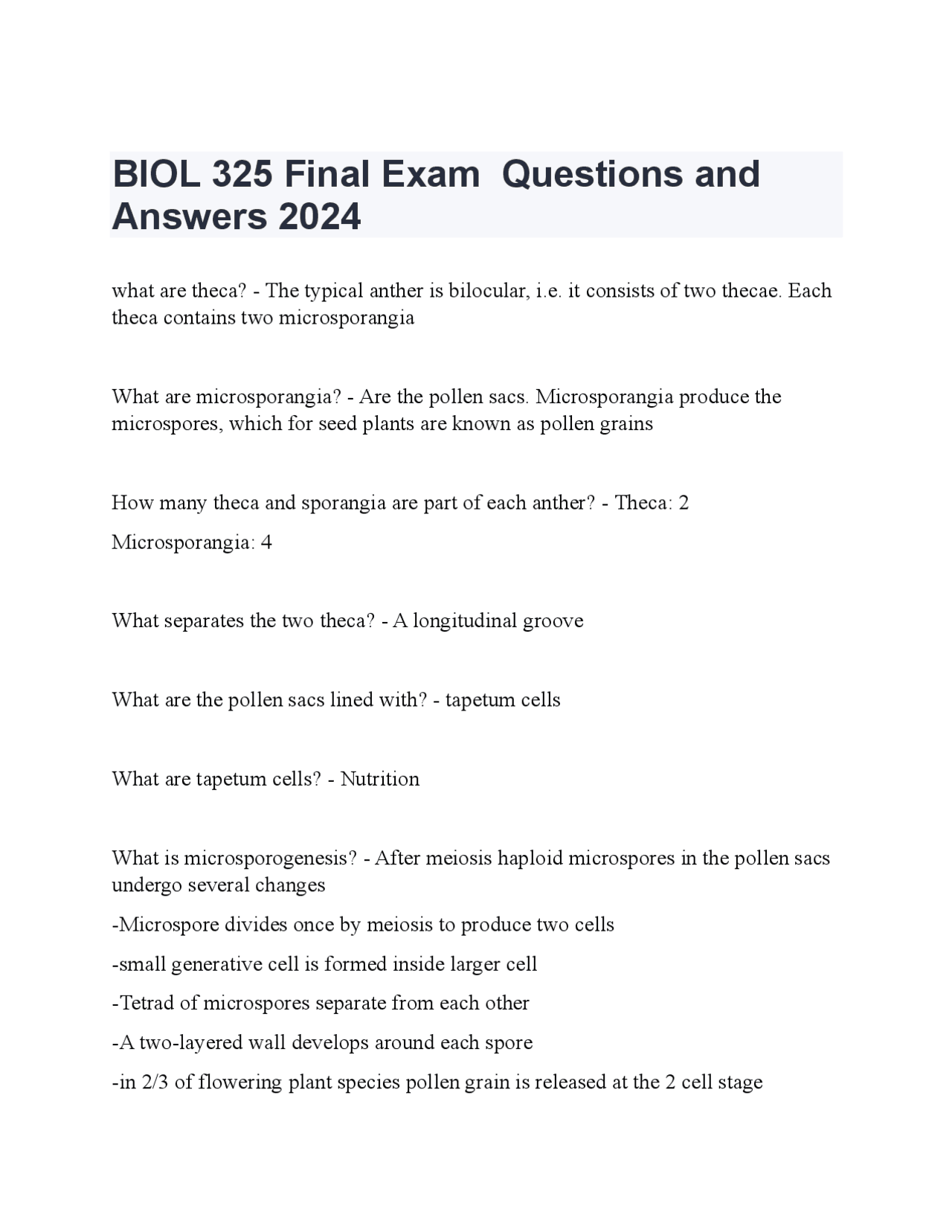 BIOL 325 Final Exam Questions and Answers 2024 | Exams Biology | Docsity