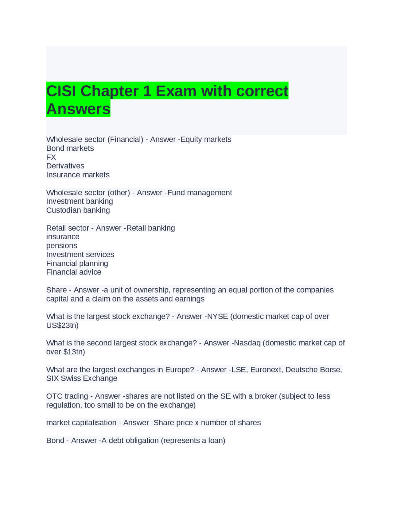 CISI Chapter 1 Exam with correct Answers | Exams Advanced Education ...