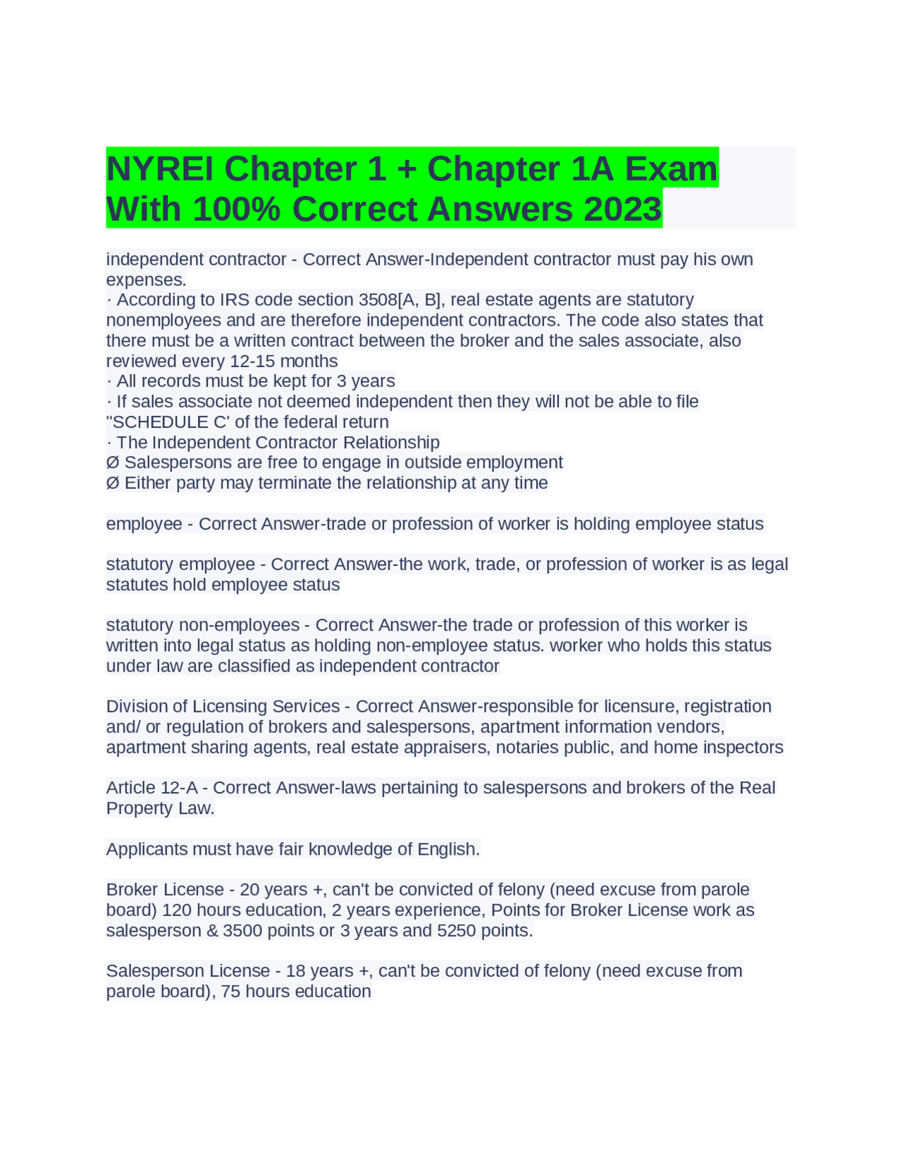 NYREI Chapter 1 + Chapter 1A Exam With 100% Correct Answers 2023 ...