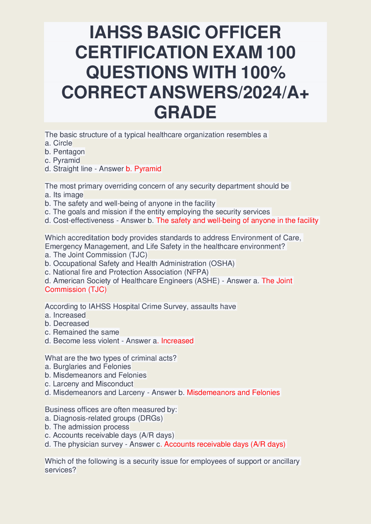 IAHSS BASIC OFFICER CERTIFICATION EXAM 100 QUESTIONS WITH 100% ...
