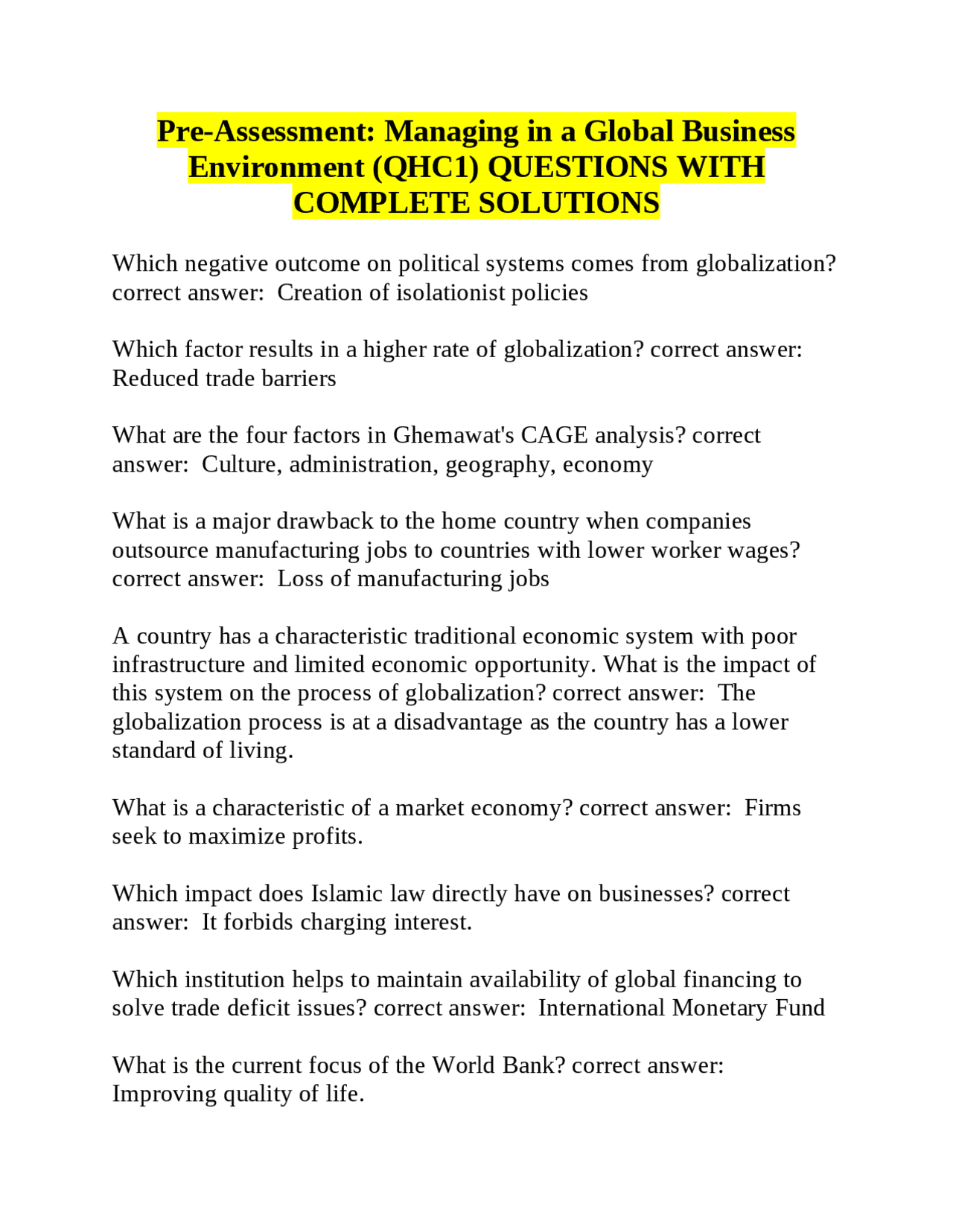 Pre-Assessment: Managing in a Global Business Environment (QHC1 ...