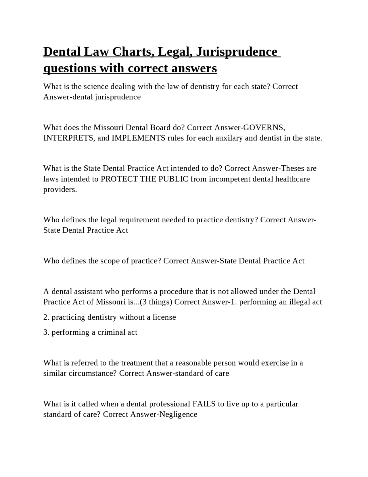 Dental Law Charts, Legal, Jurisprudence questions with correct answers ...