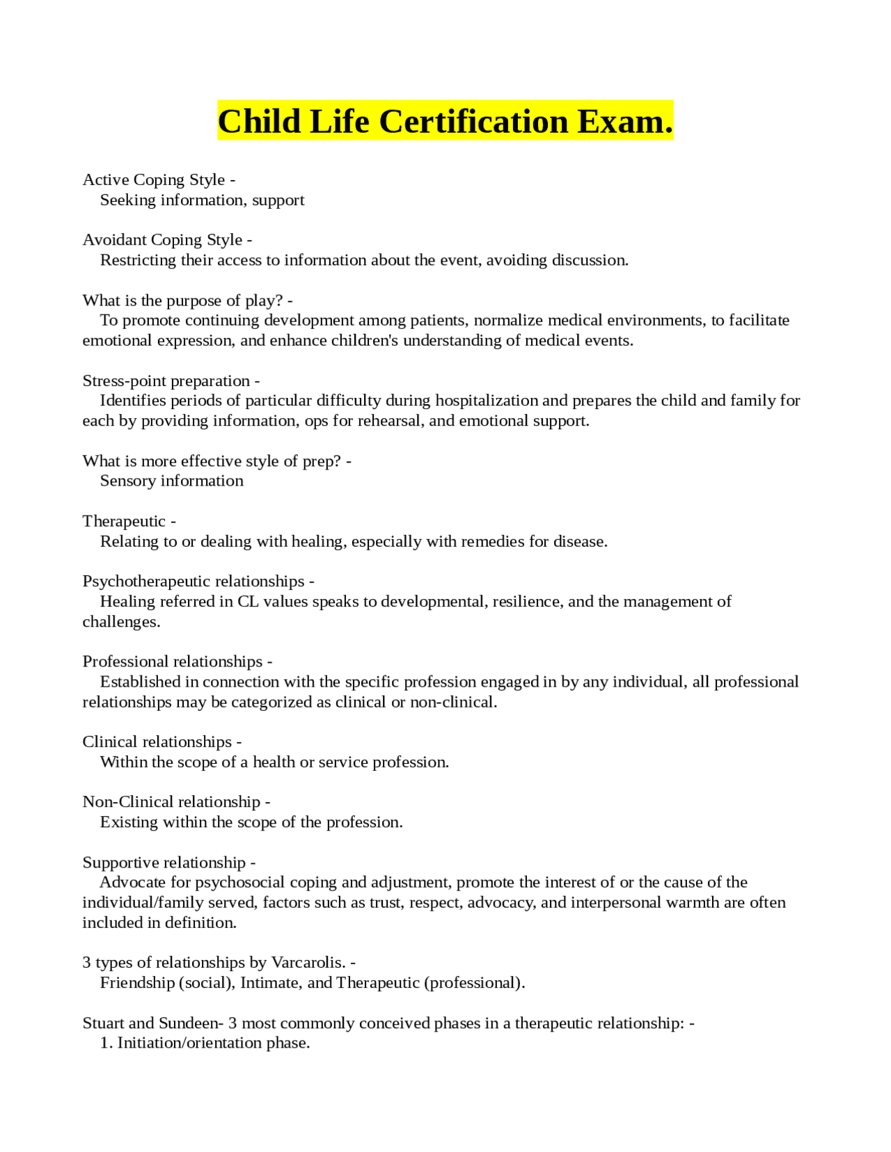 Child Life Certification Exam.docx | Exams Nursing | Docsity