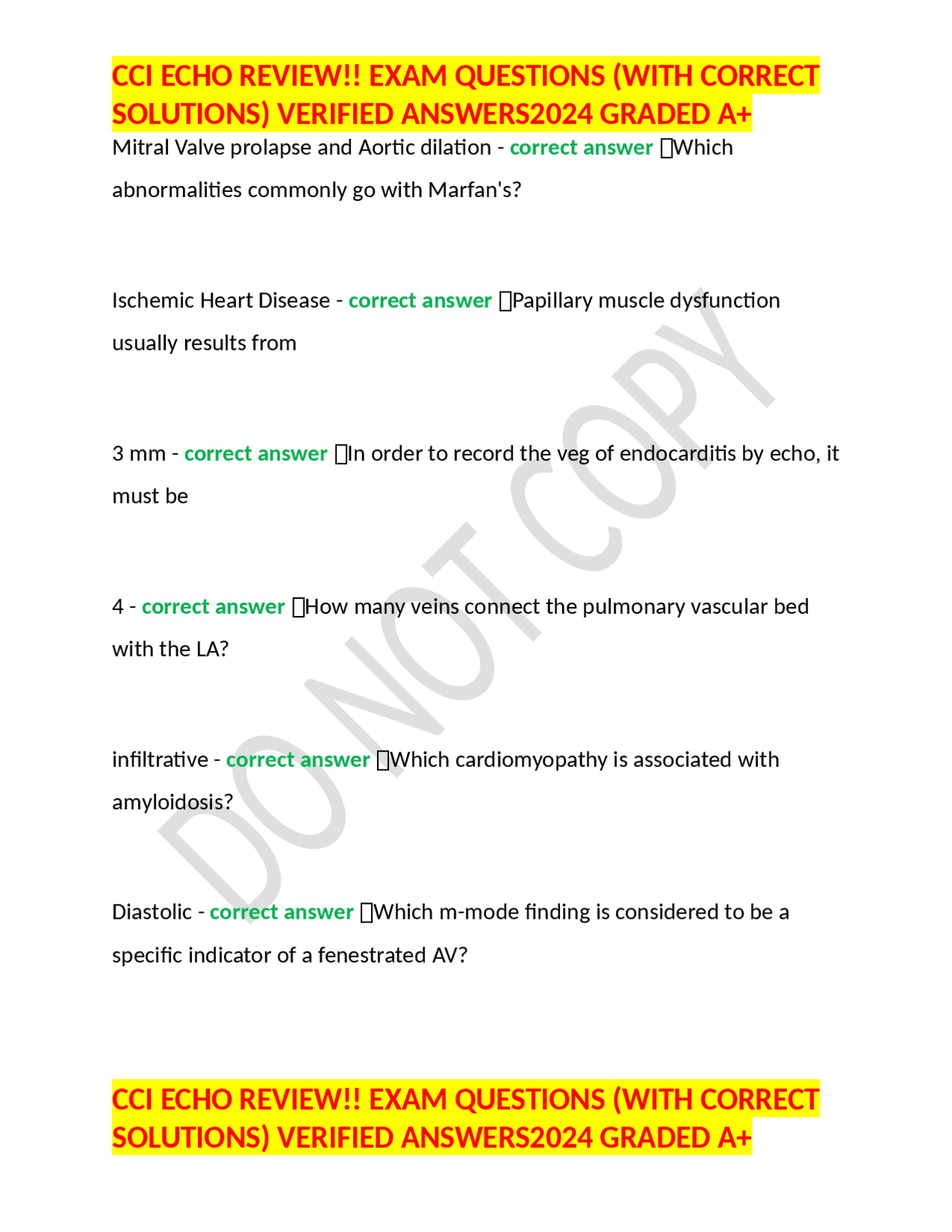 CCI ECHO REVIEW!! EXAM QUESTIONS (WITH CORRECT SOLUTIONS) VERIFIED ANSWERS2024 GRADED A+ ...