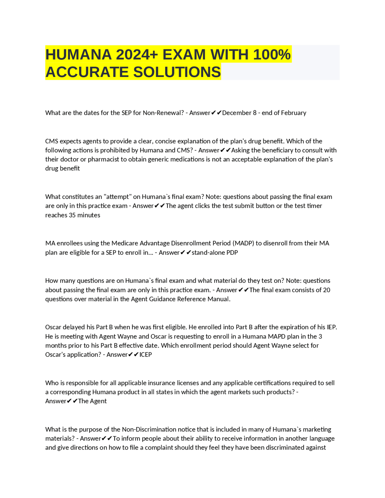 HUMANA 2024+ EXAM WITH 100% ACCURATE SOLUTIONS | Exams Nursing | Docsity