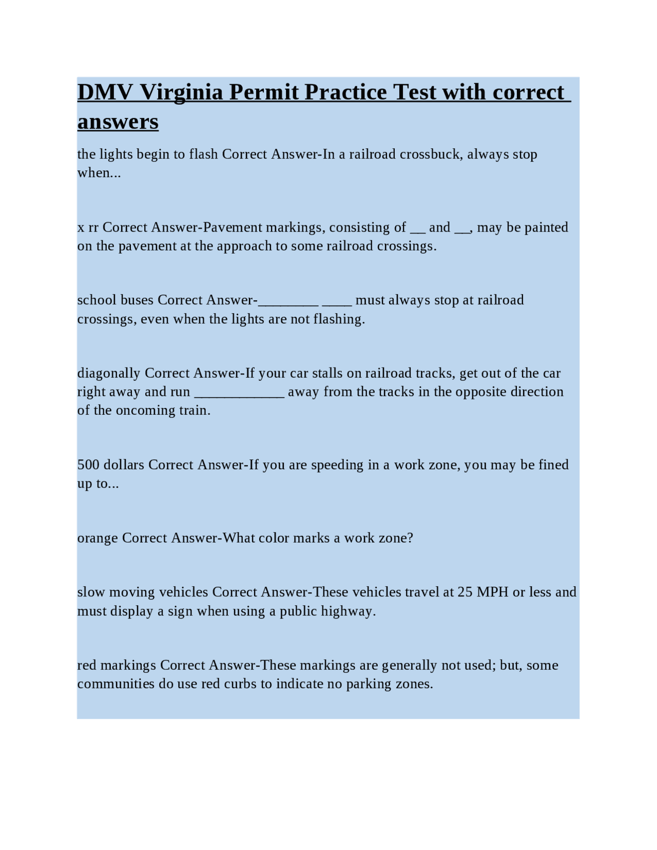 DMV Virginia Permit Practice Test with correct answers | Exams Law ...
