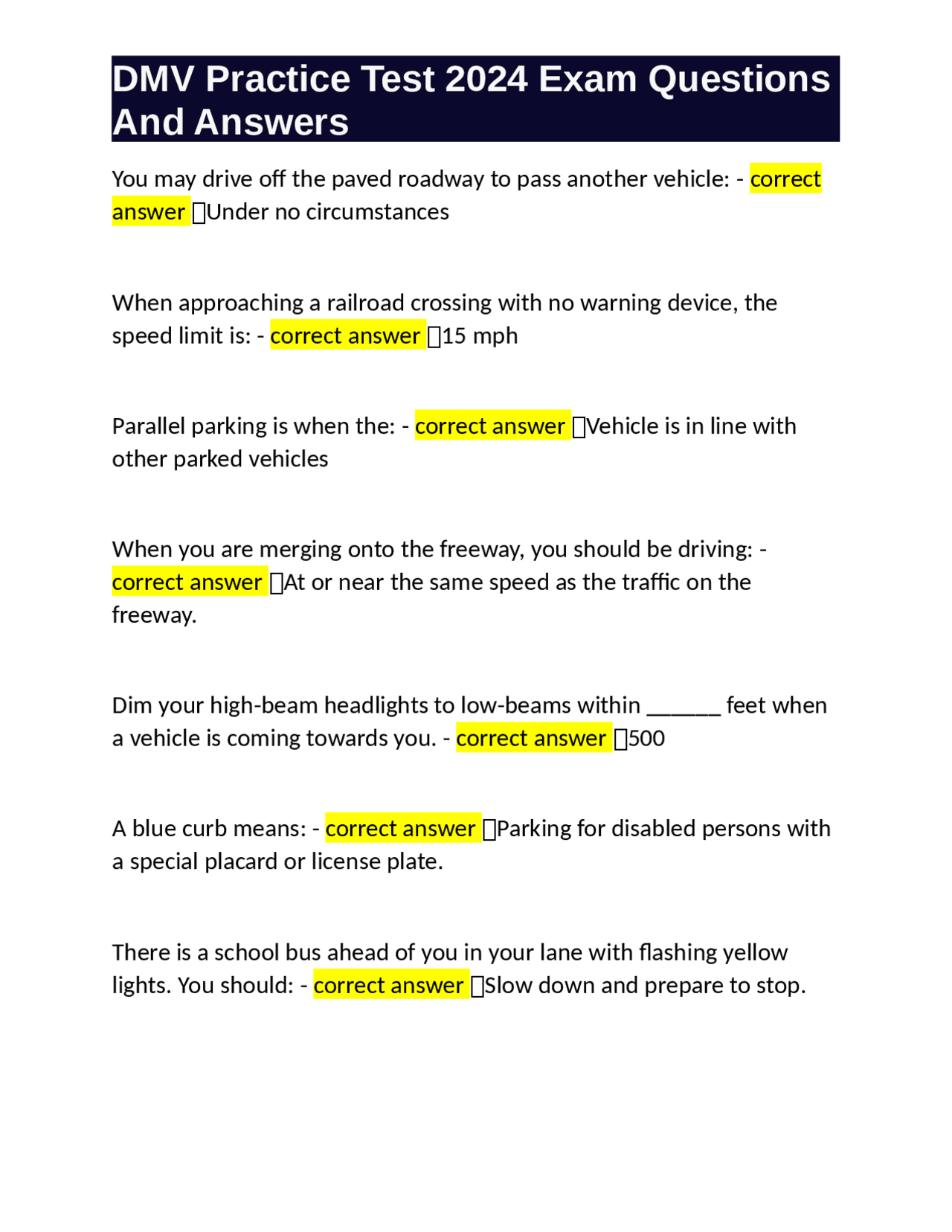 DMV Practice Test 2024 Exam Questions And Answers | Exams European ...