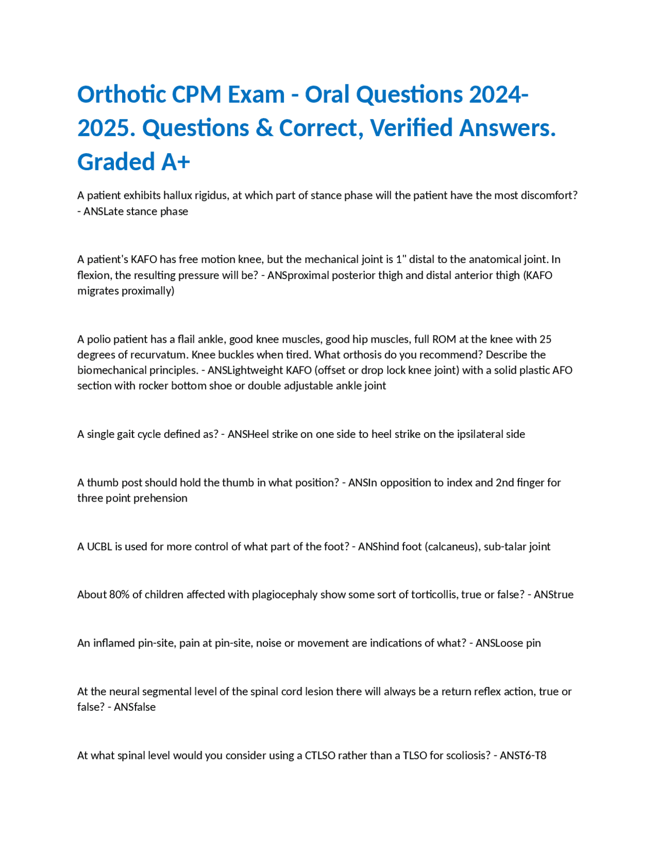 Orthotic CPM Exam - Oral Questions 2024-25.Questions & Correct ...