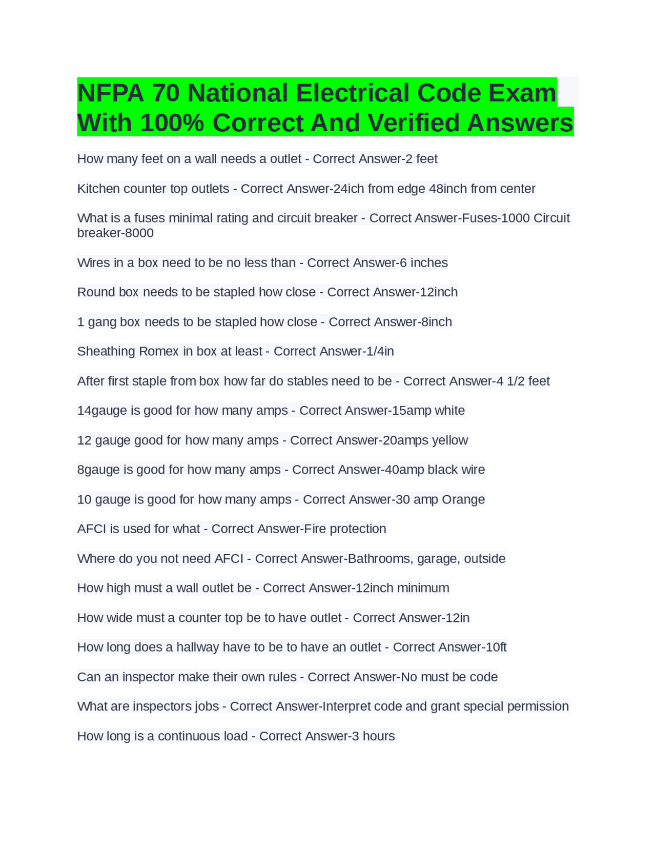 NFPA 70 National Electrical Code Exam With 100% Correct And Verified ...