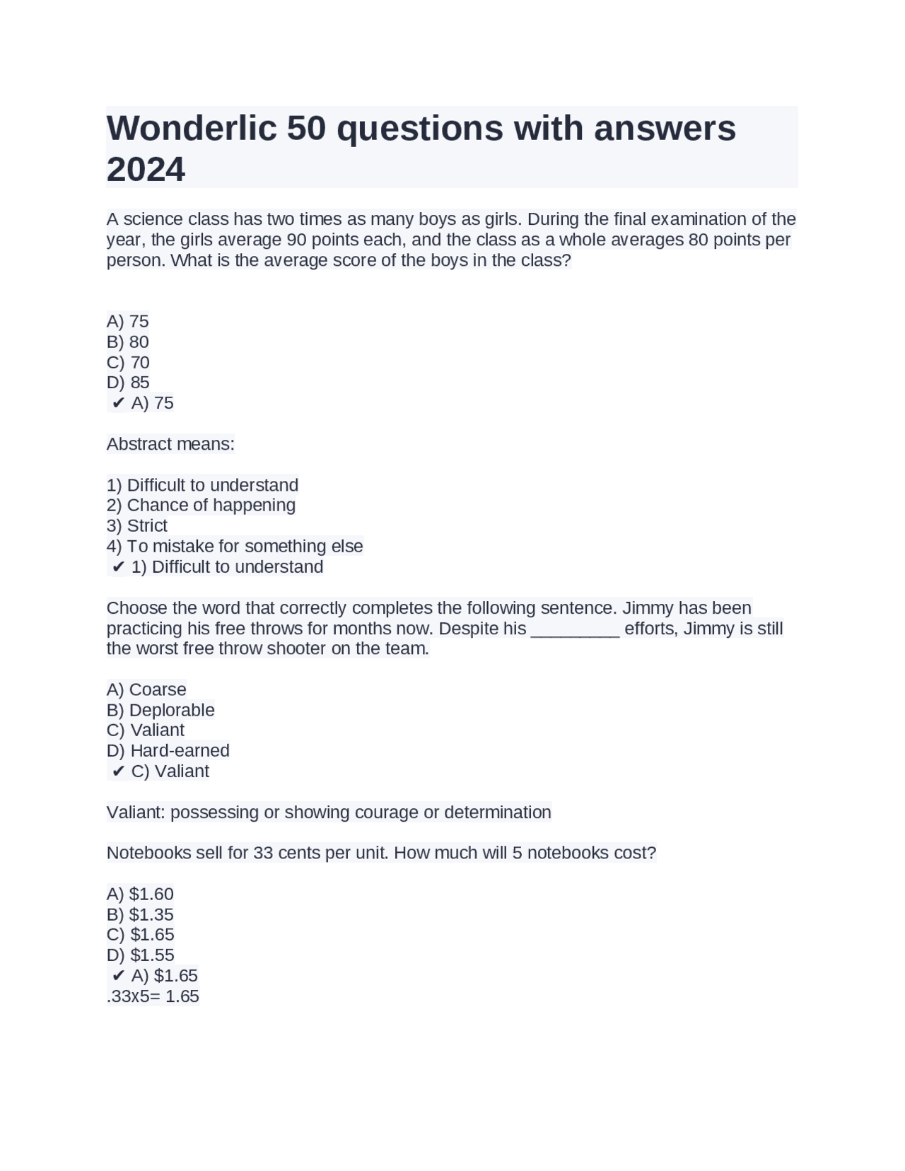 Wonderlic 50 Questions with Answers | Exams Mathematics | Docsity