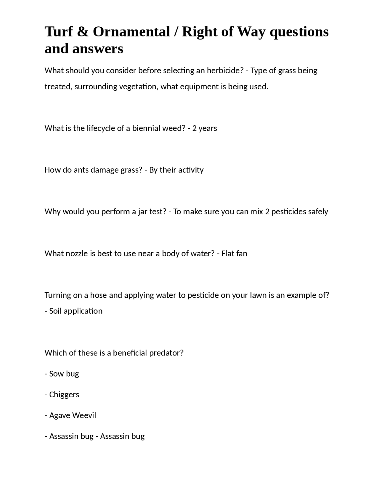 Turf & Ornamental / Right of Way questions and answers | Exams Nursing ...