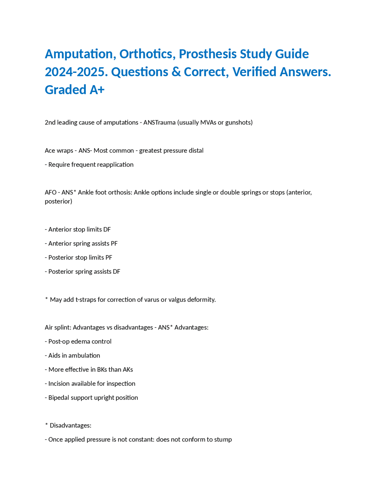 Amputation, Orthotics, Prosthesis Study Guide 2024-2025. Questions ...