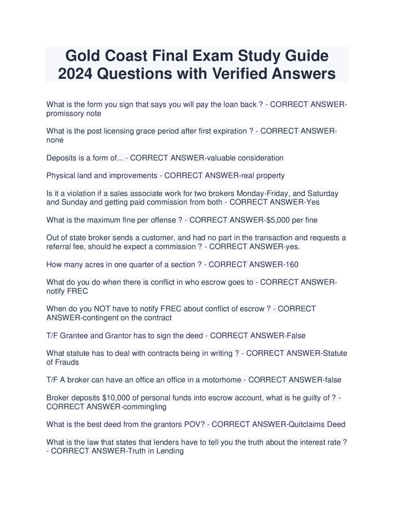 Gold Coast Final Exam Study Guide 2024 Questions with Verified Answers ...