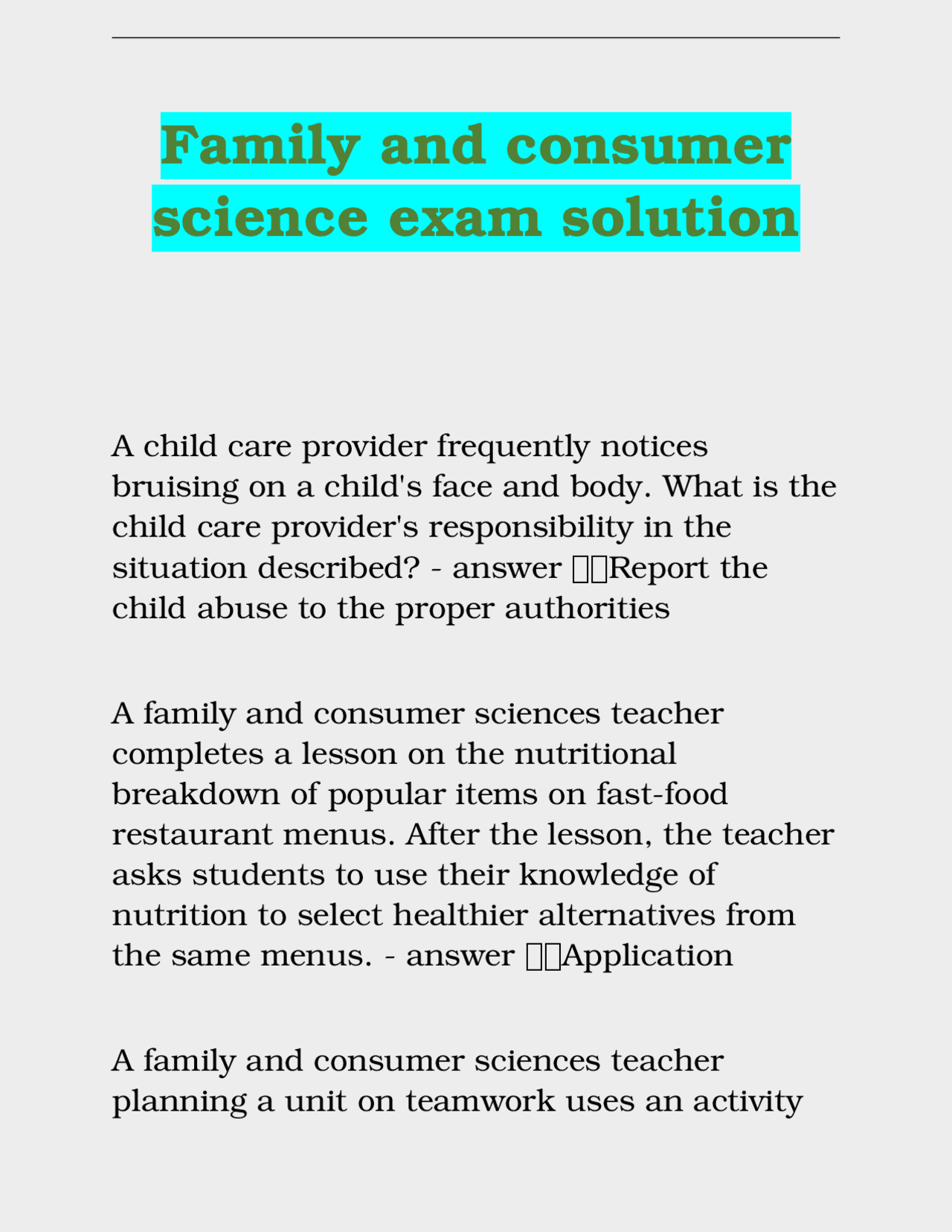 Family and consumer science exam solution | Exams Nursing | Docsity