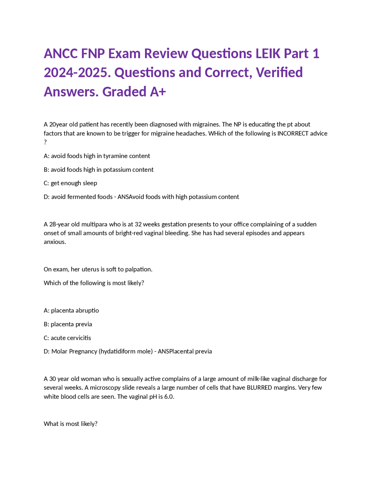 ANCC FNP Exam Review Questions LEIK Part 1 2024-2025. Questions ...