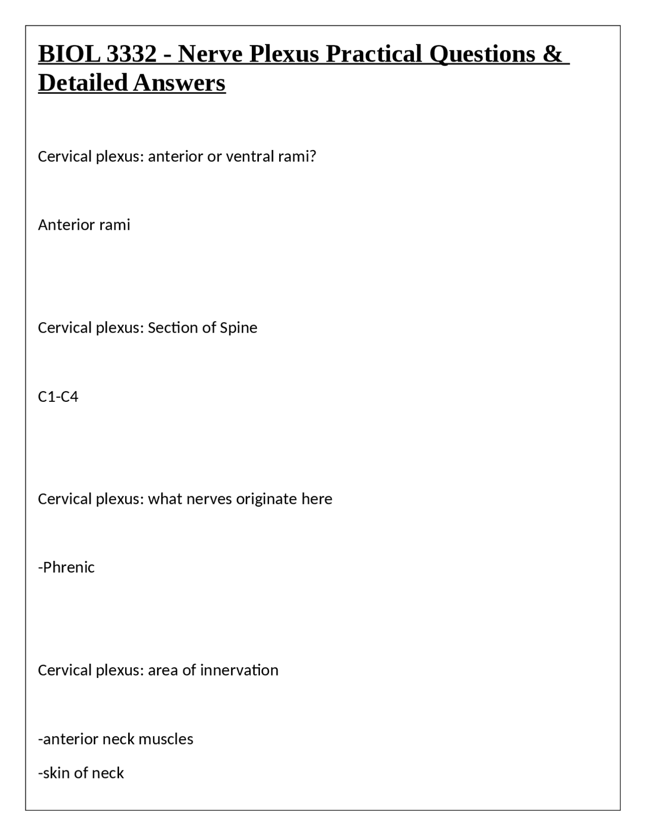 BIOL 3332 - Nerve Plexus Practical Questions & Detailed Answers | Exams ...