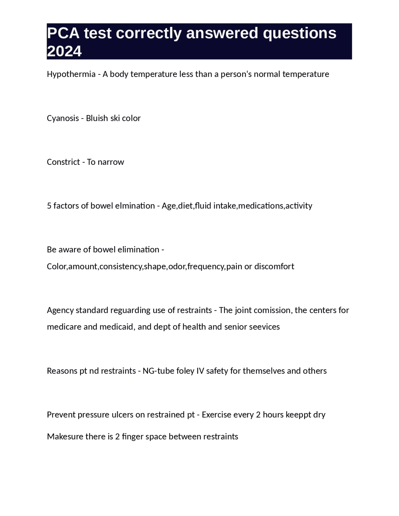 PCA test correctly answered questions 2024 | Exams Nursing | Docsity