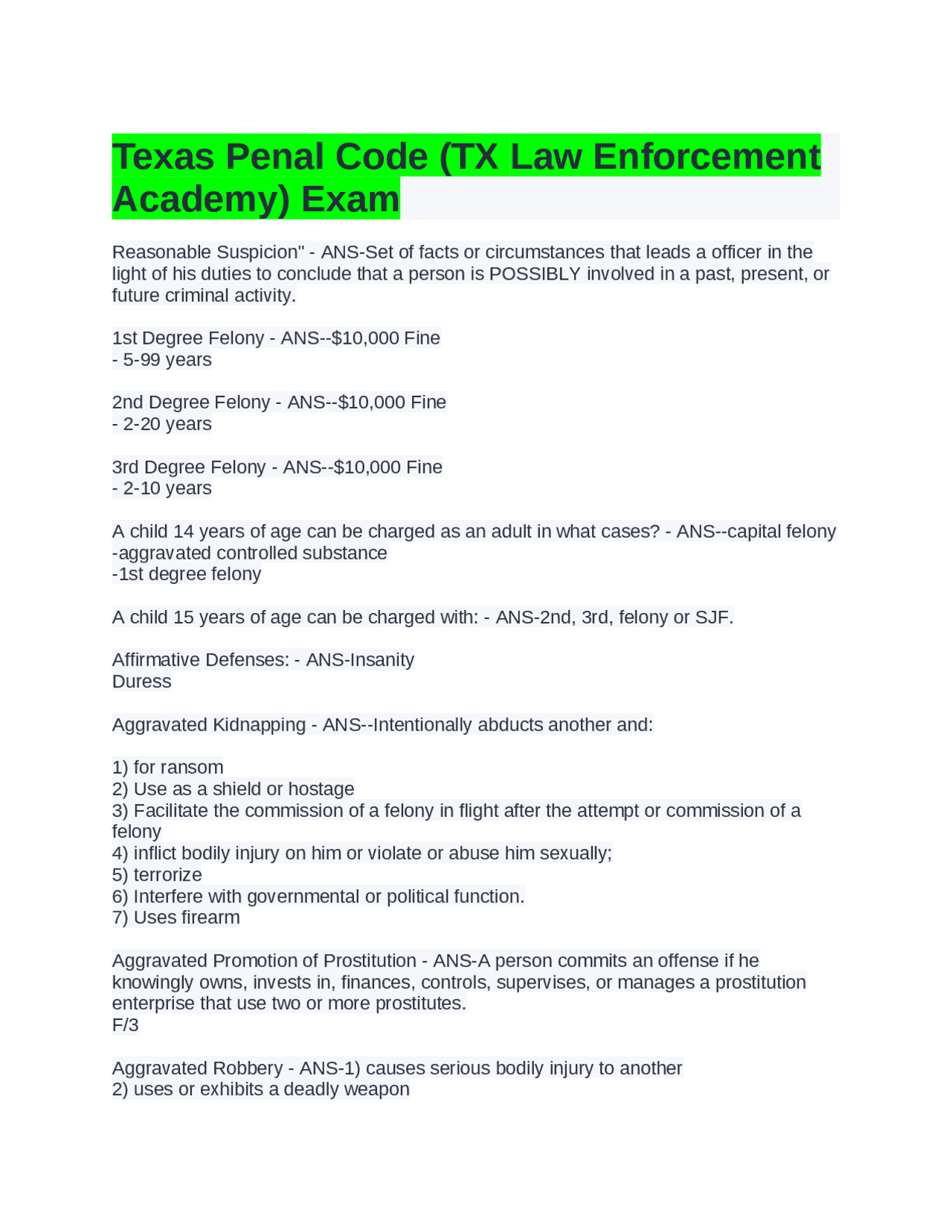 Texas Penal Code (TX Law Enforcement Academy) Exam | Exams Law | Docsity