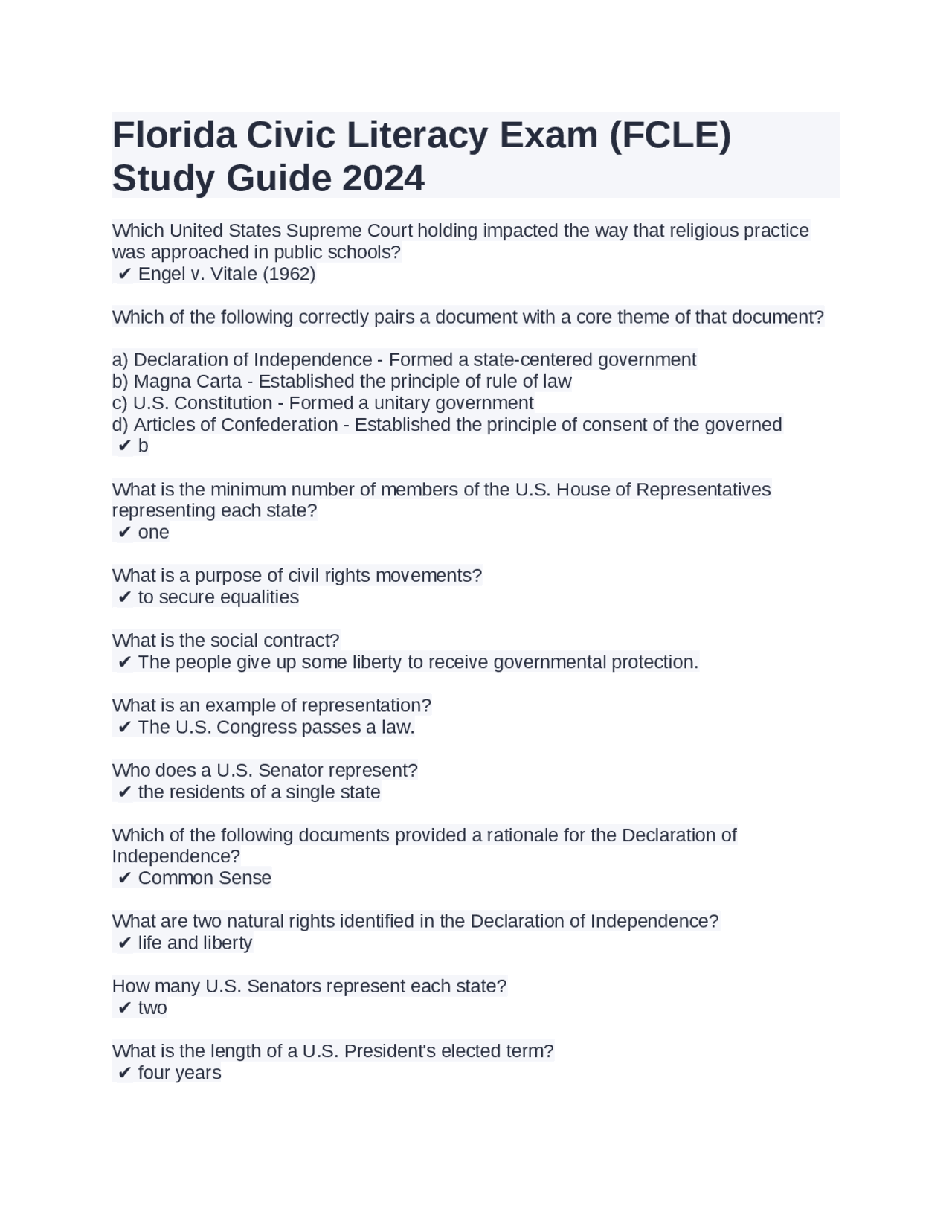 Florida Civic Literacy Exam (FCLE) Study Guide 2024 | Exams Law | Docsity