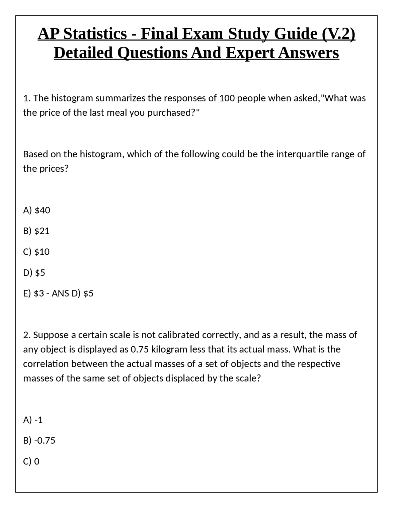 AP Statistics - Final Exam Study Guide (V.2) Detailed Questions And ...