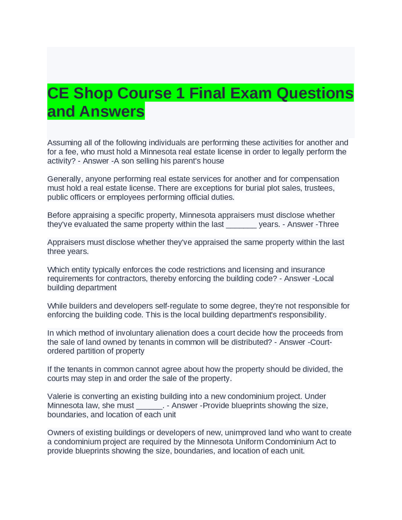 CE Shop Course 1 Final Exam Questions and Answers | Exams Advanced ...