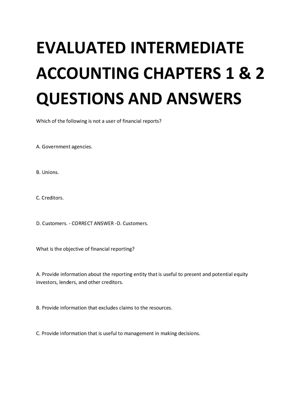 Evaluated Intermediate Accounting Chapters 1 & 2 Questions and Answers | Exams Accounting | Docsity