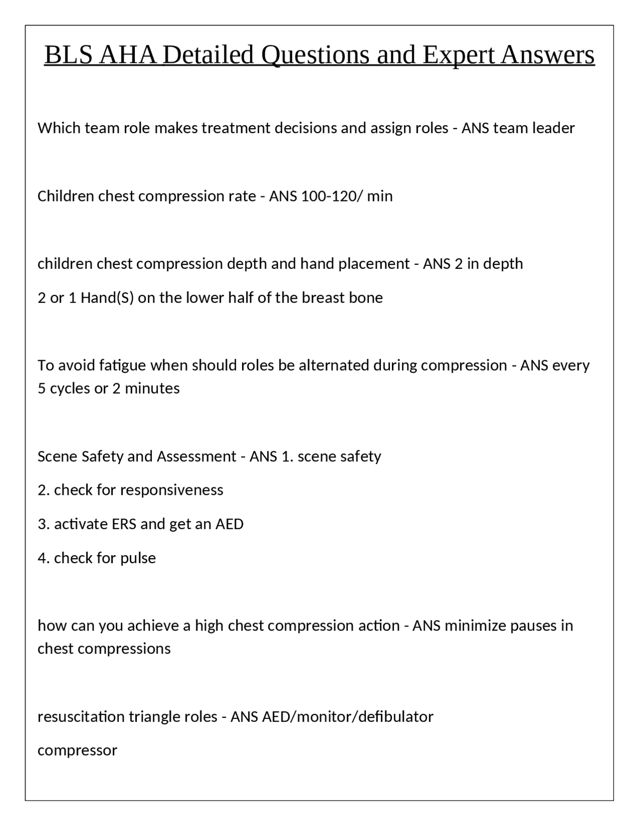 BLS AHA Detailed Questions and Expert Answers | Exams Nursing | Docsity