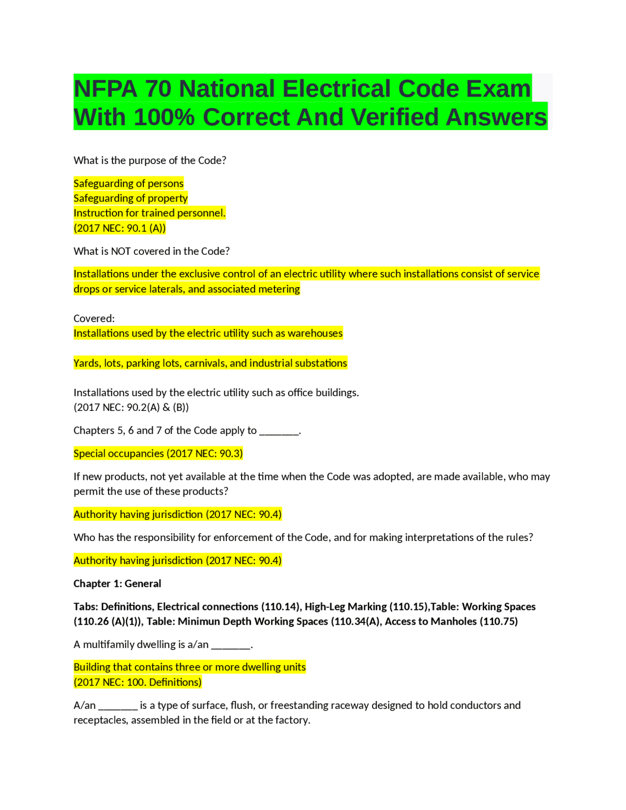 NFPA 70 National Electrical Code Exam With 100% Correct And Verified ...