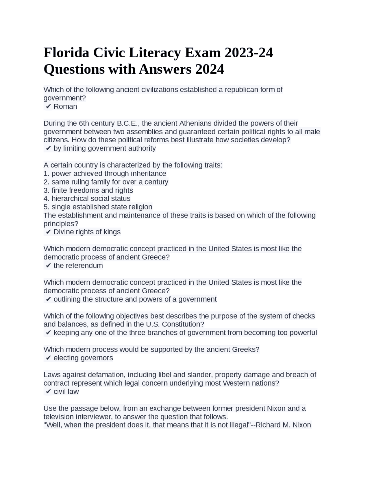 Florida Civic Literacy Exam 2023-24 Questions with Answers 2024 | Exams ...