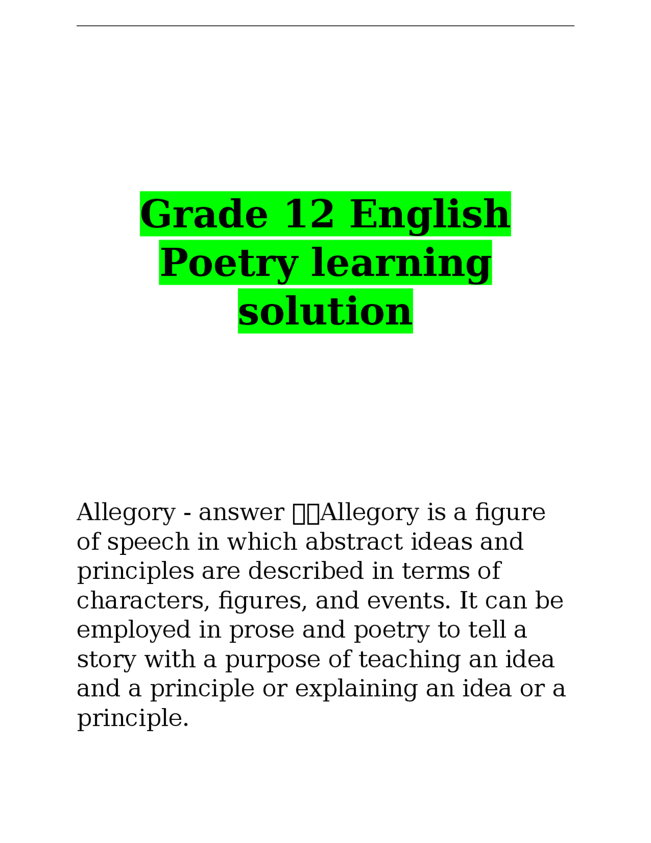 Grade 12 English Poetry learning solution | Exams Nursing | Docsity