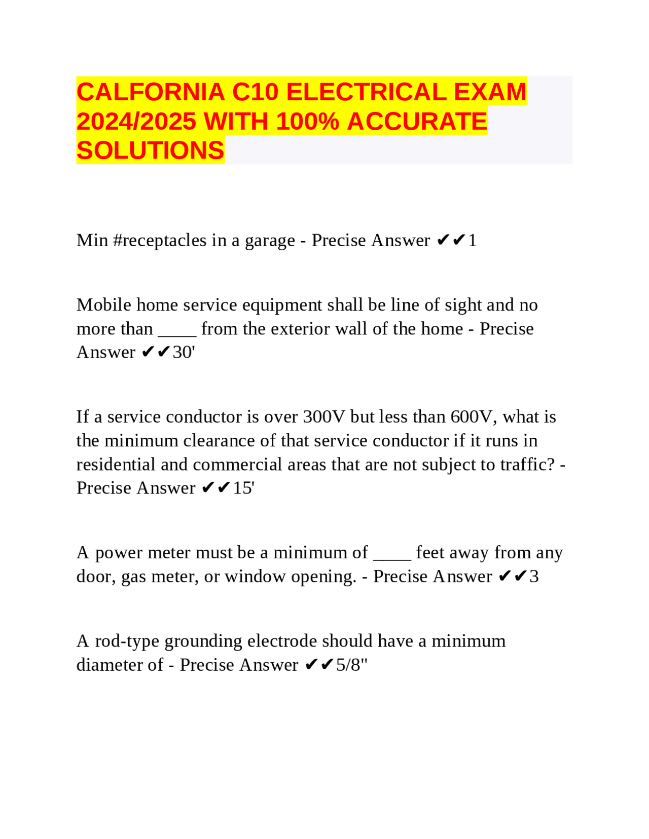 California C10 Electrical Exam 2024/2025 with Precise Answers | Exams ...