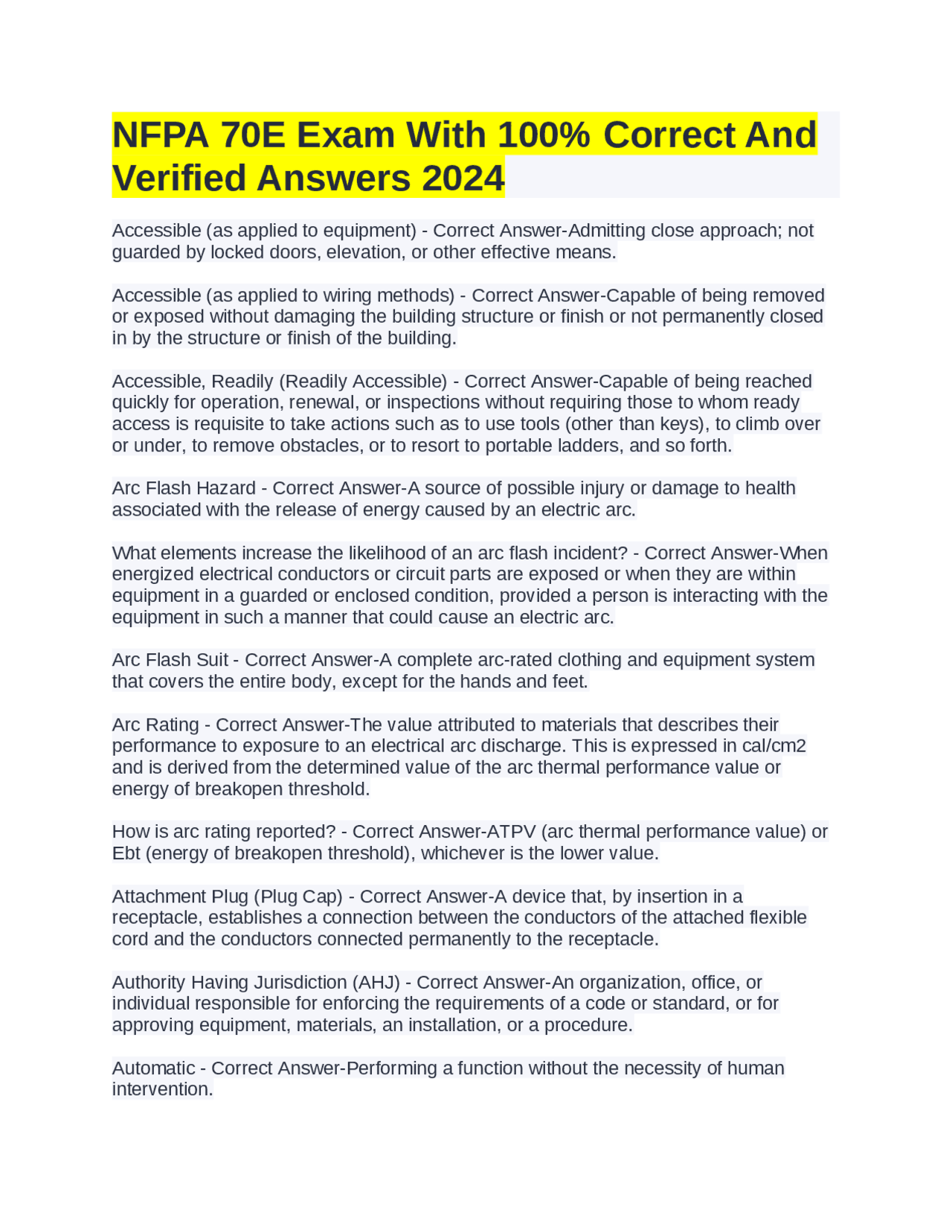 NFPA 70E Exam With 100% Correct And Verified Answers 2024 | Exams ...