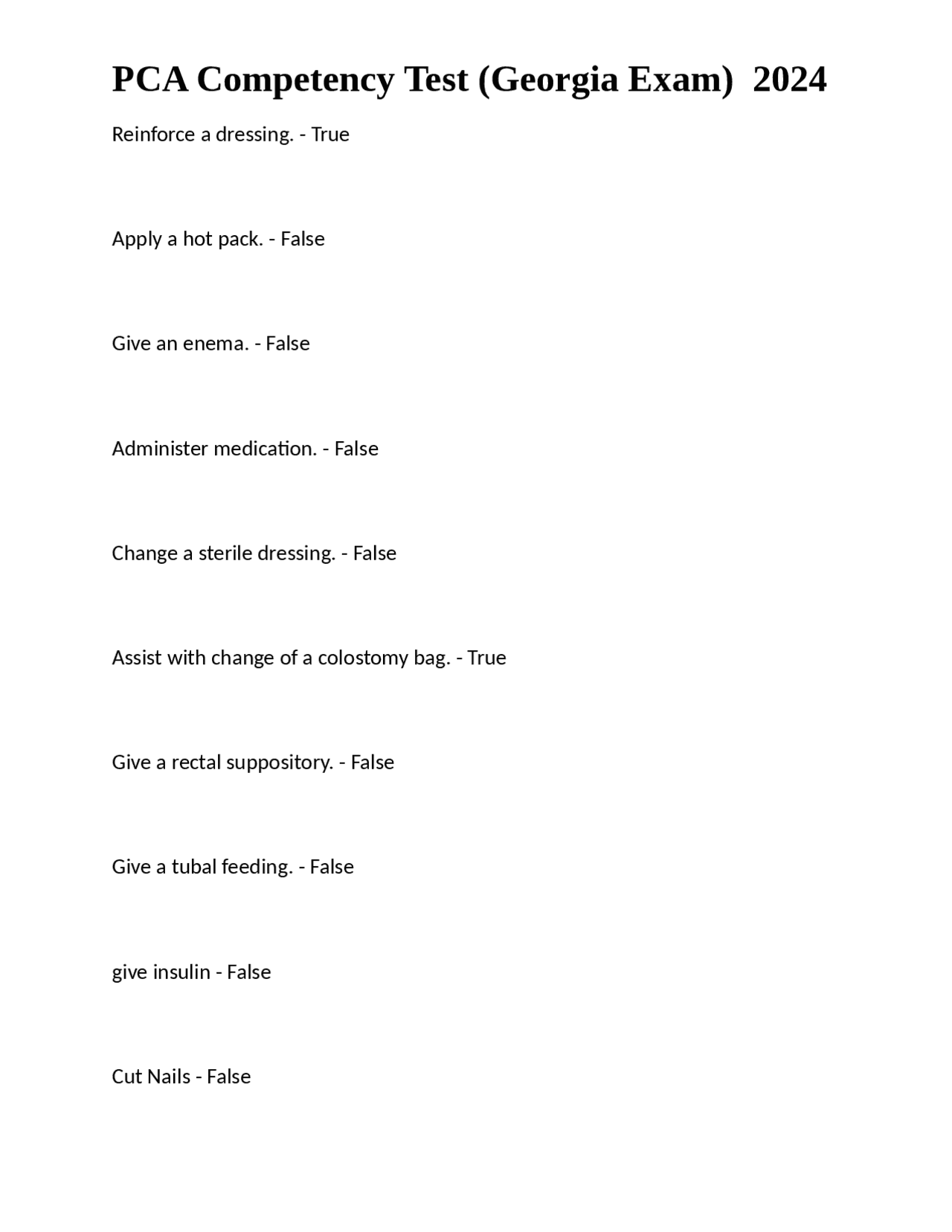 PCA Competency Test (Georgia Exam) 2024 | Exams Nursing | Docsity