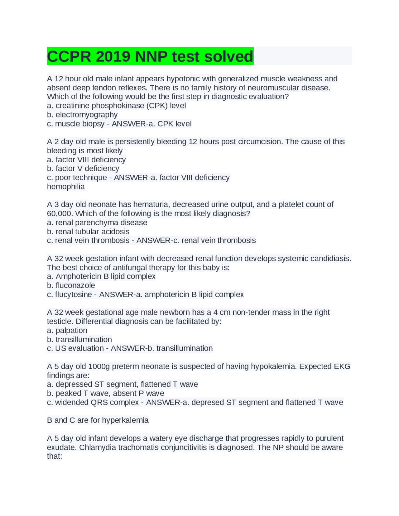 CCPR 2019 NNP test solved 2024 | Exams Nursing | Docsity