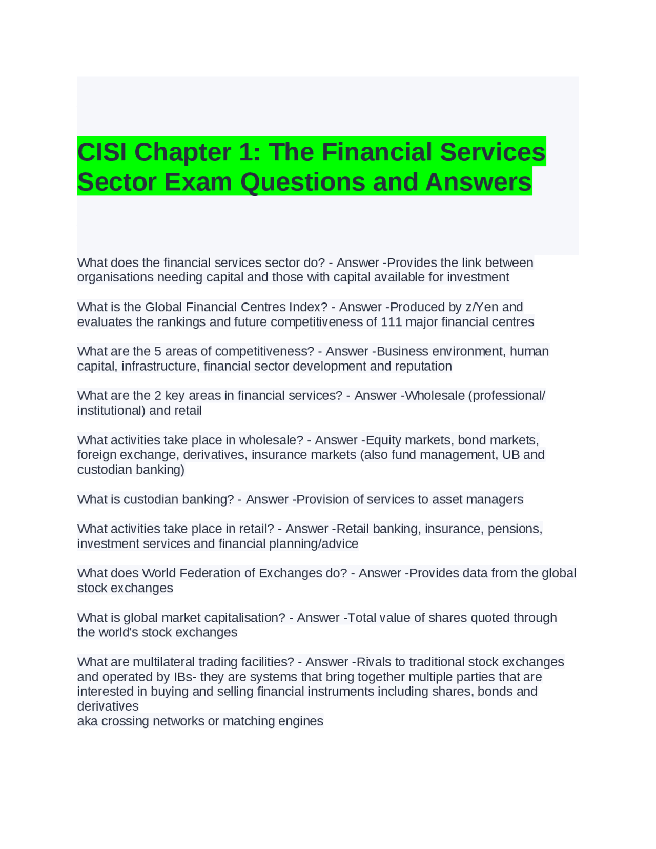 CISI Chapter 1 The Financial Services Sector Exam Questions and Answers ...