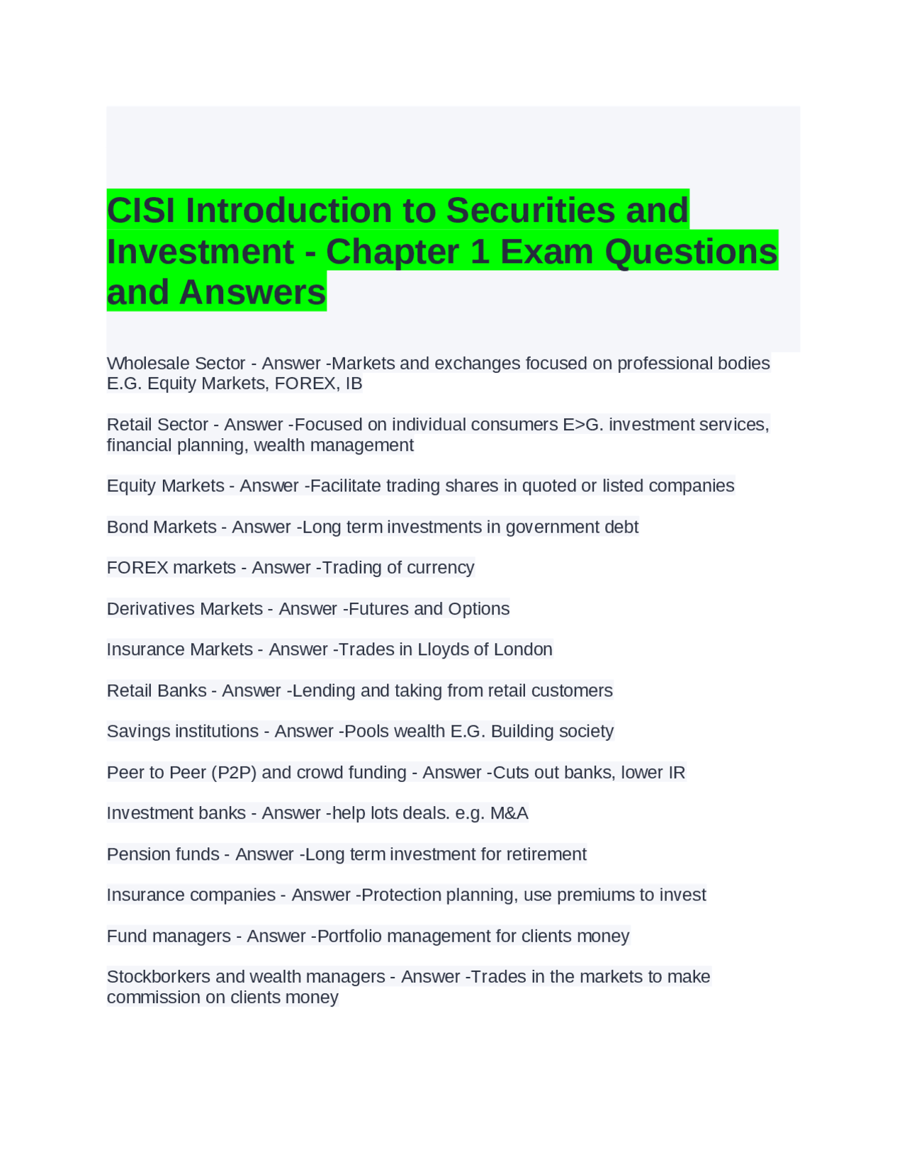 CISI Introduction to Securities and Investment - Chapter 1 Exam ...