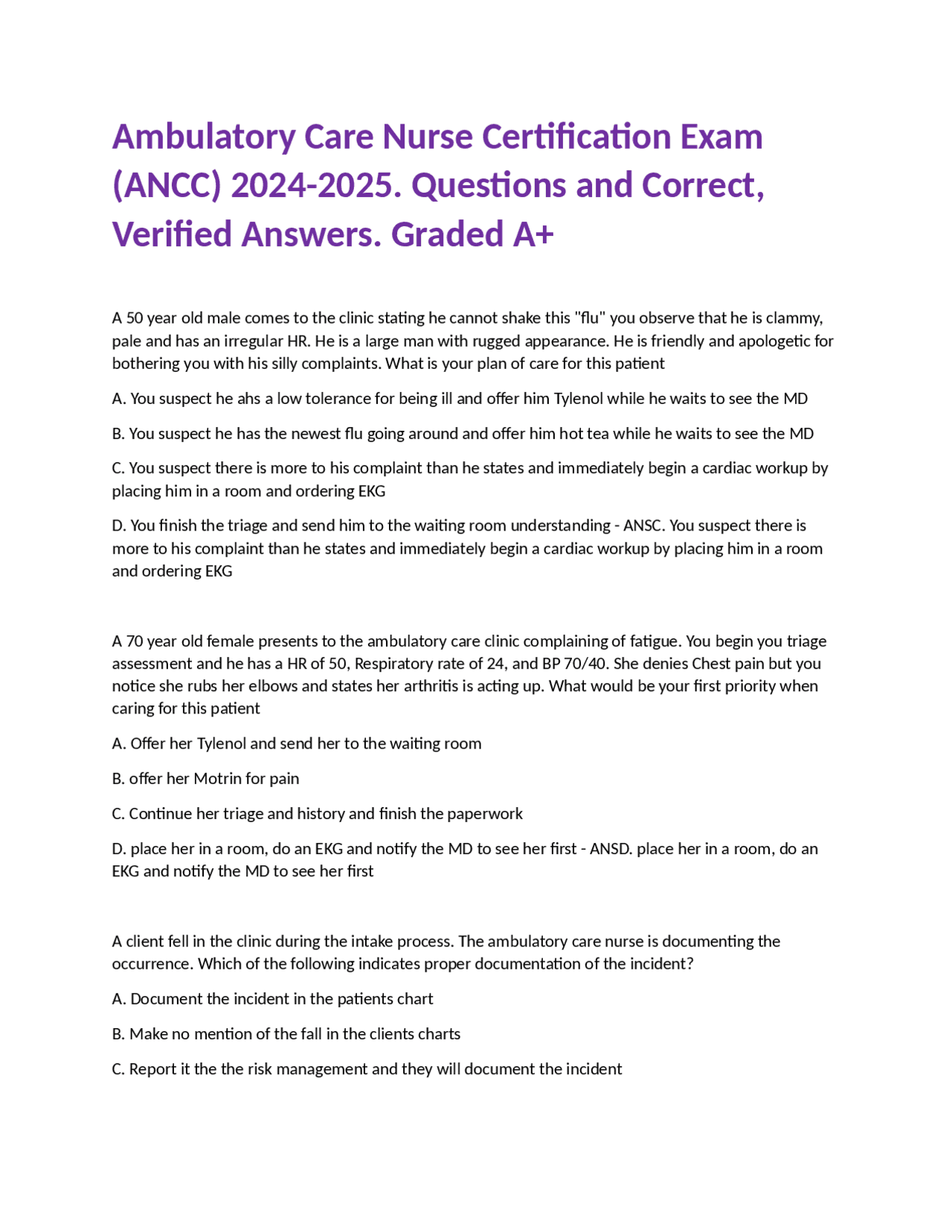 Ambulatory Care Nurse Certification Exam (ANCC) 2024-2025. Questions ...