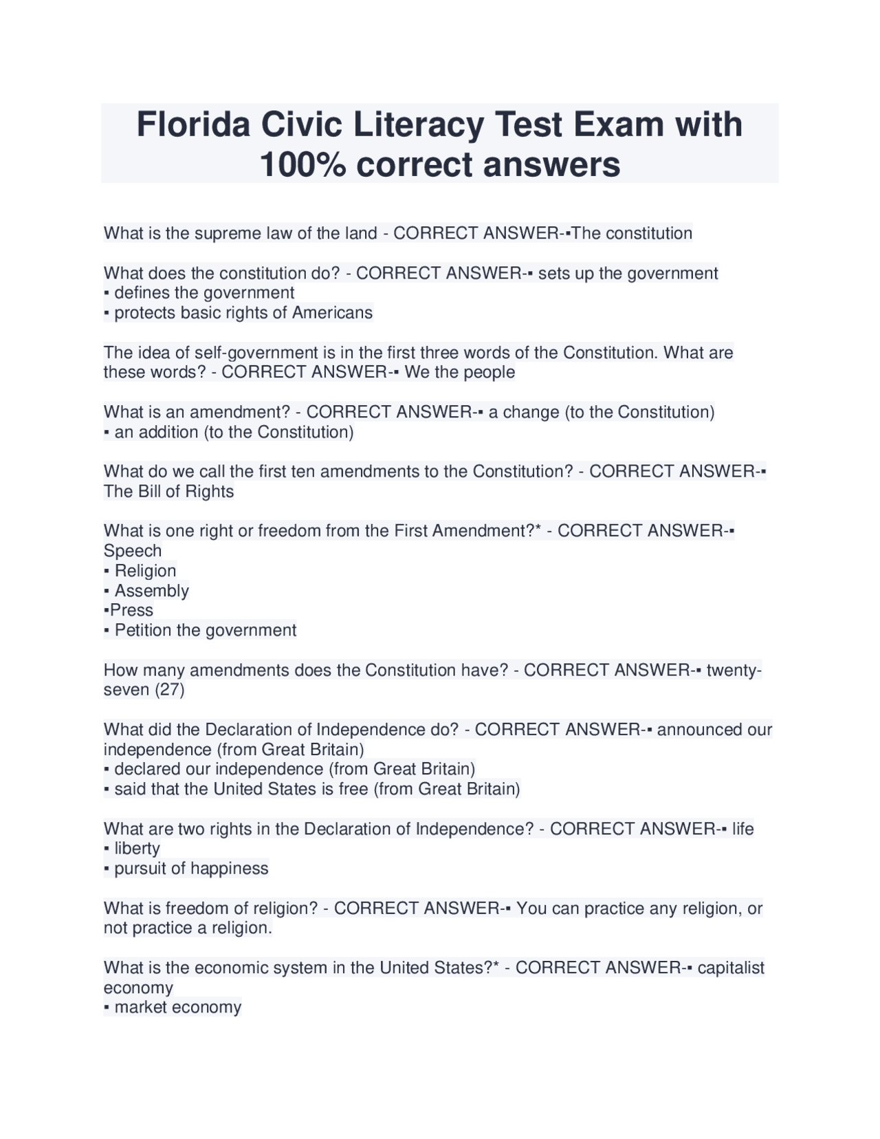 Florida Civic Literacy Test Exam with 100% correct answers | Exams Law ...