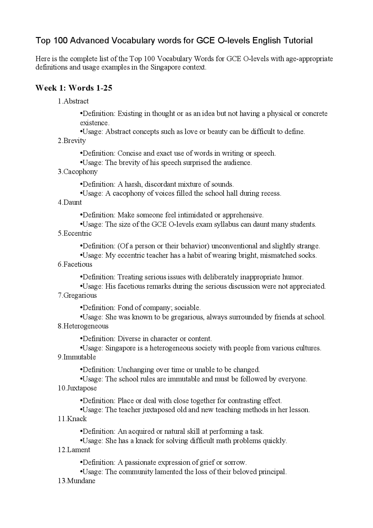 O level english list of vocabulary | Cheat Sheet English | Docsity