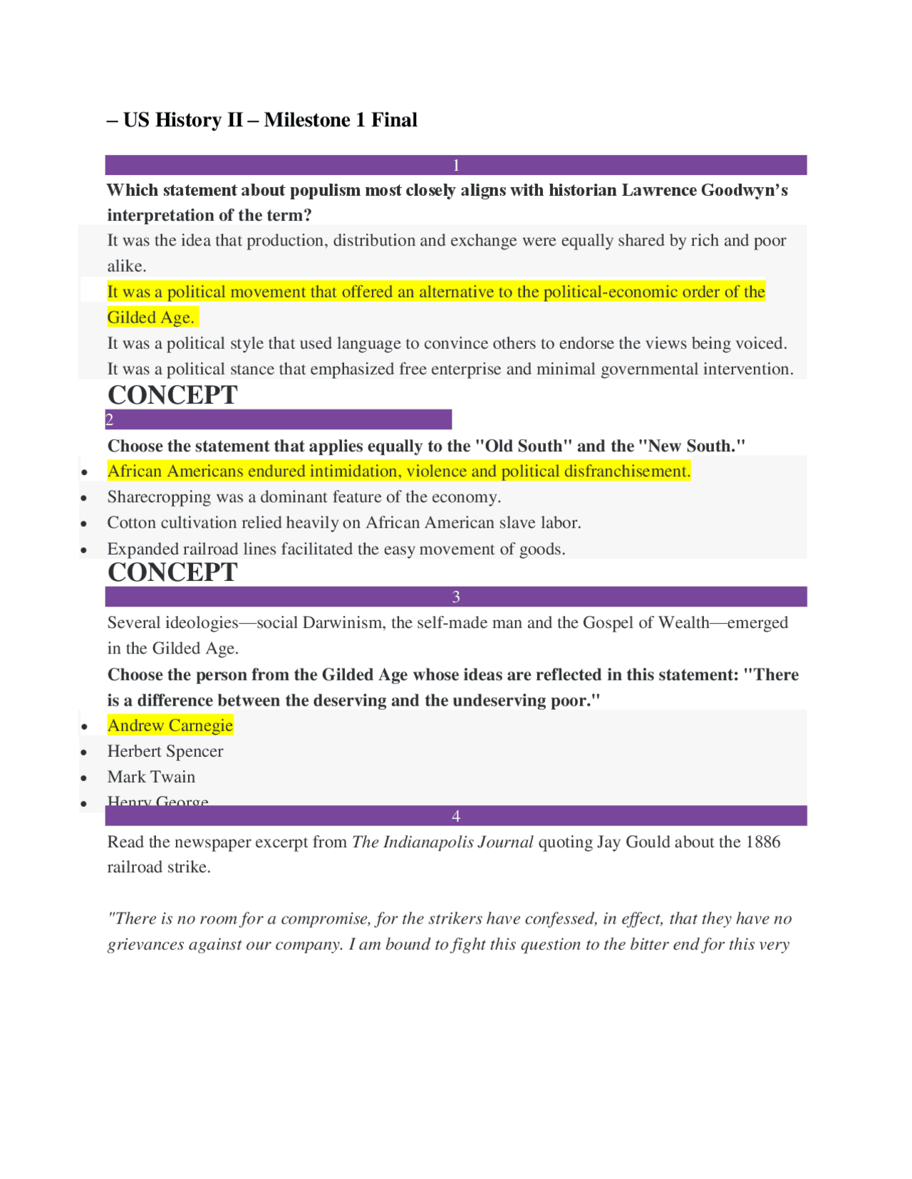 US History II Milestone 1 Final. | Exams History | Docsity