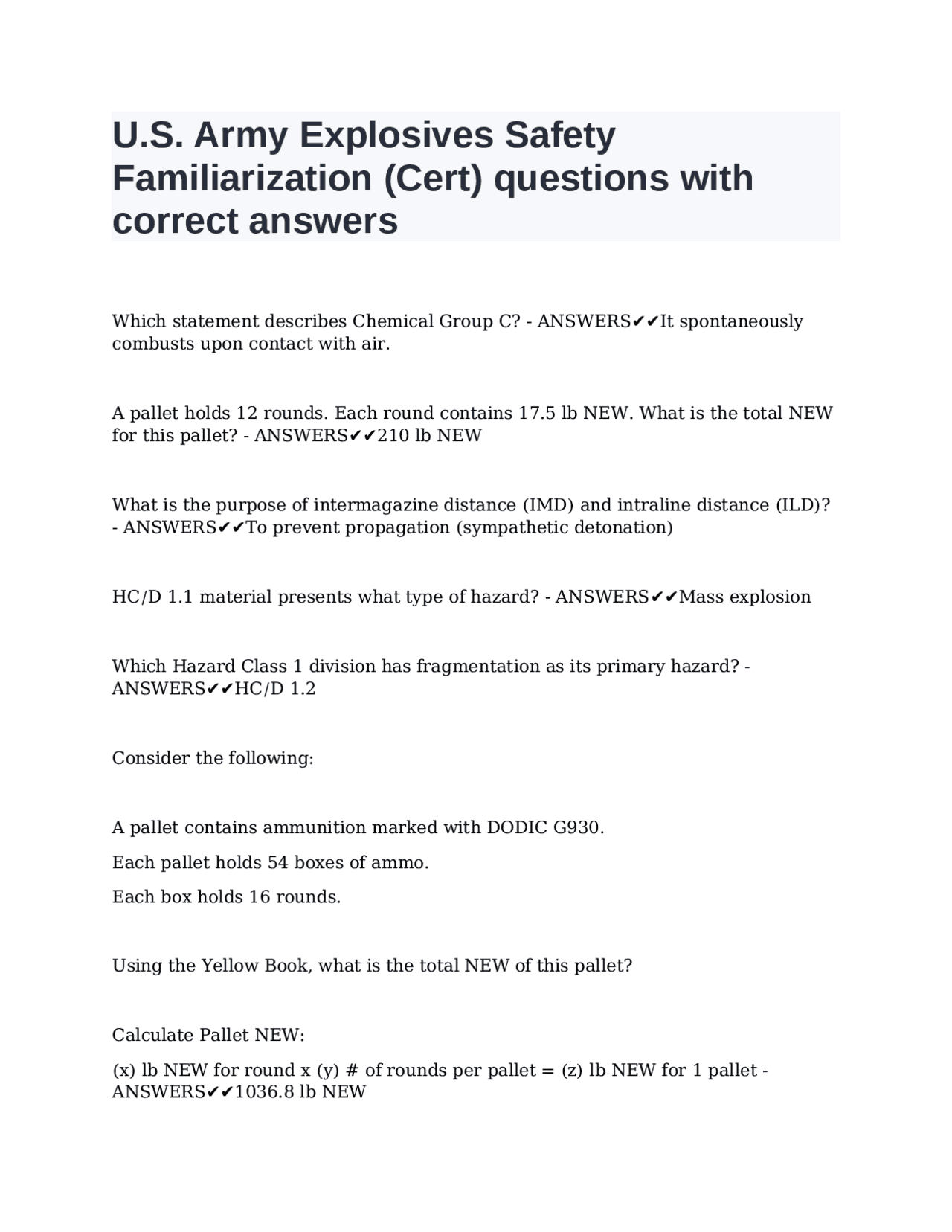 U.S. Army Explosives Safety Familiarization (Cert) questions with ...