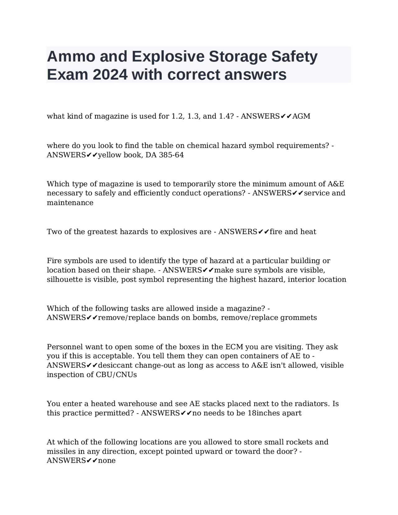 Ammo and Explosive Storage Safety Exam 2024 with correct answers ...