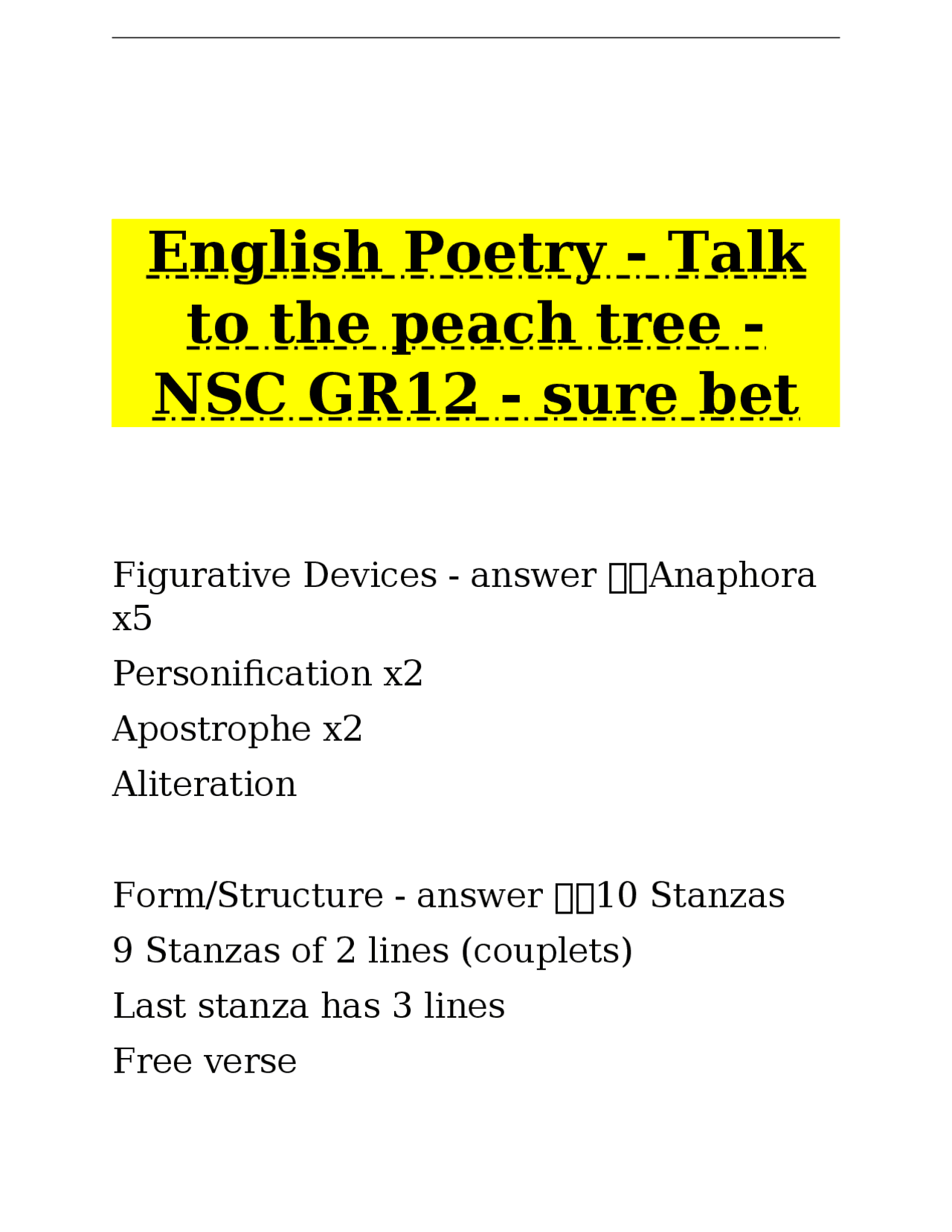 Poetic Devices and Themes in 'Talk to the Peach Tree' | Exams Nursing ...