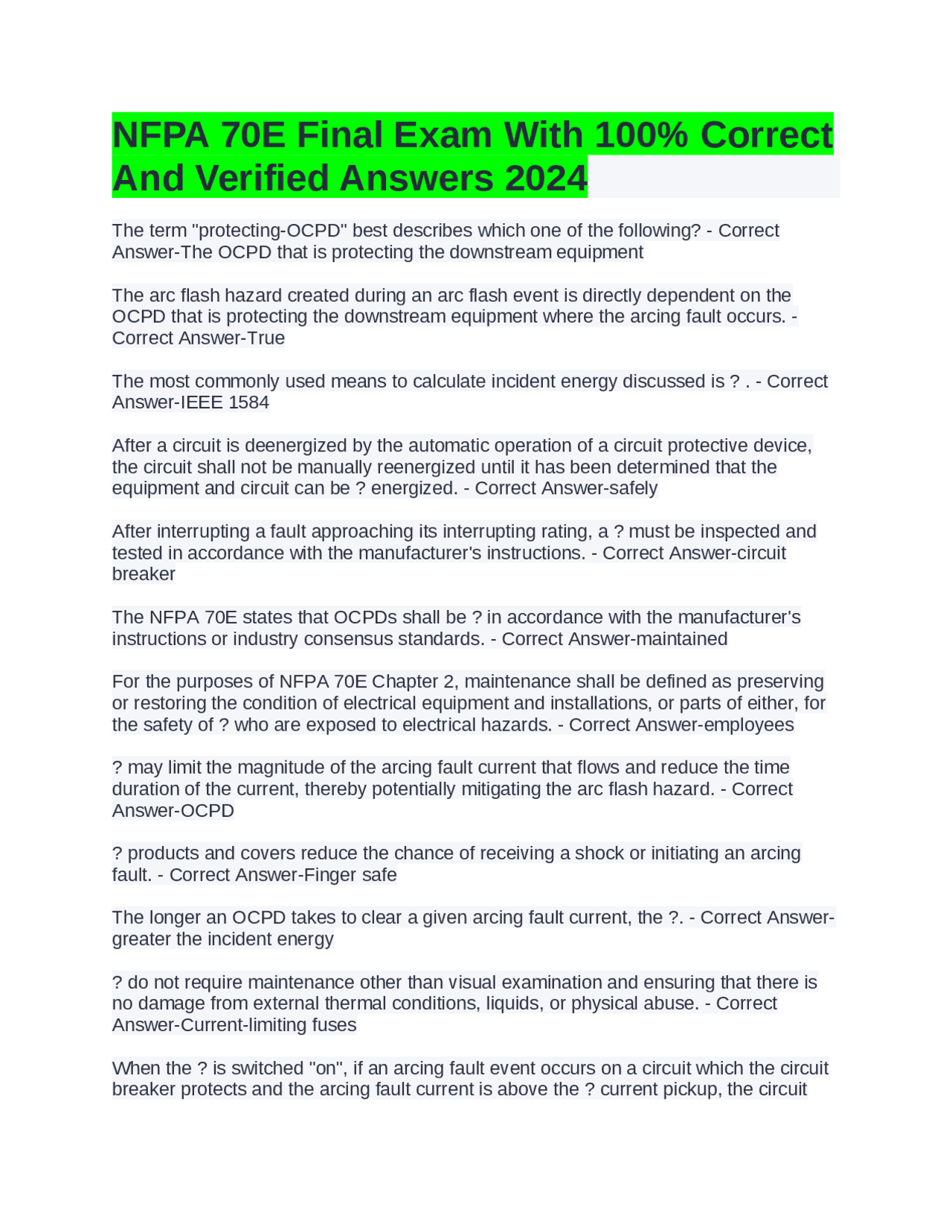 NFPA 70E Final Exam With 100% Correct And Verified Answers 2024 | Exams ...