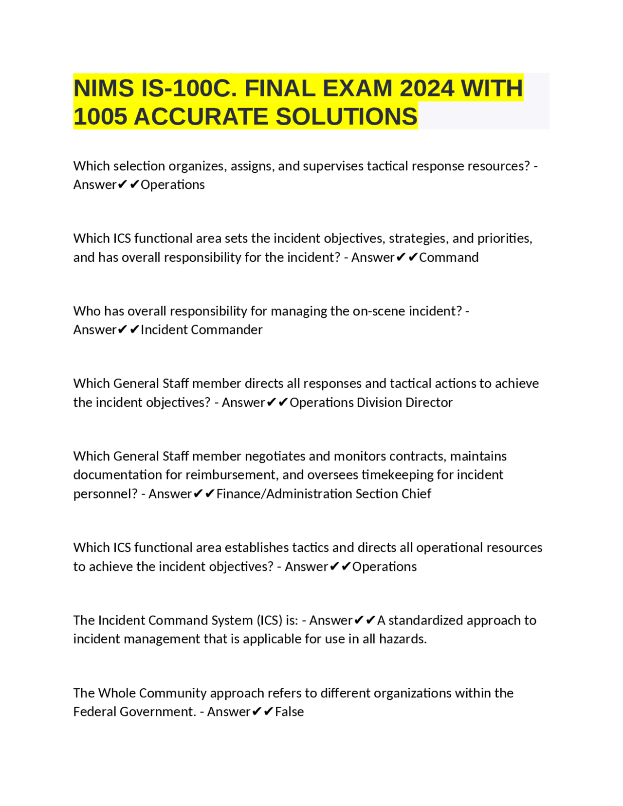 NIMS IS-100C Final Exam 2024 with 1005 Accurate Solutions | Exams ...