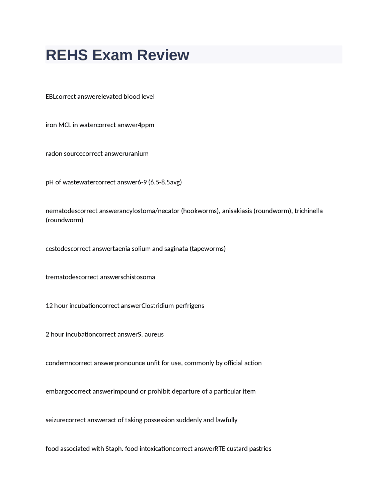 REHS Exam Review questions with correct answers | Exams Nursing | Docsity