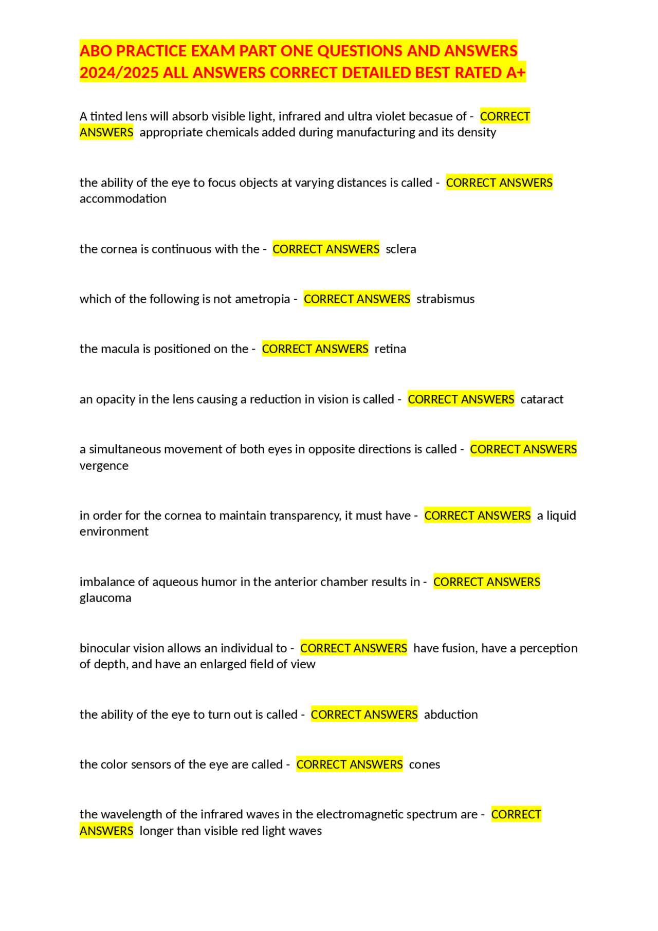 ABO PRACTICE EXAM PART ONE QUESTIONS AND ANSWERS 2024/2025 ALL ANSWERS ...